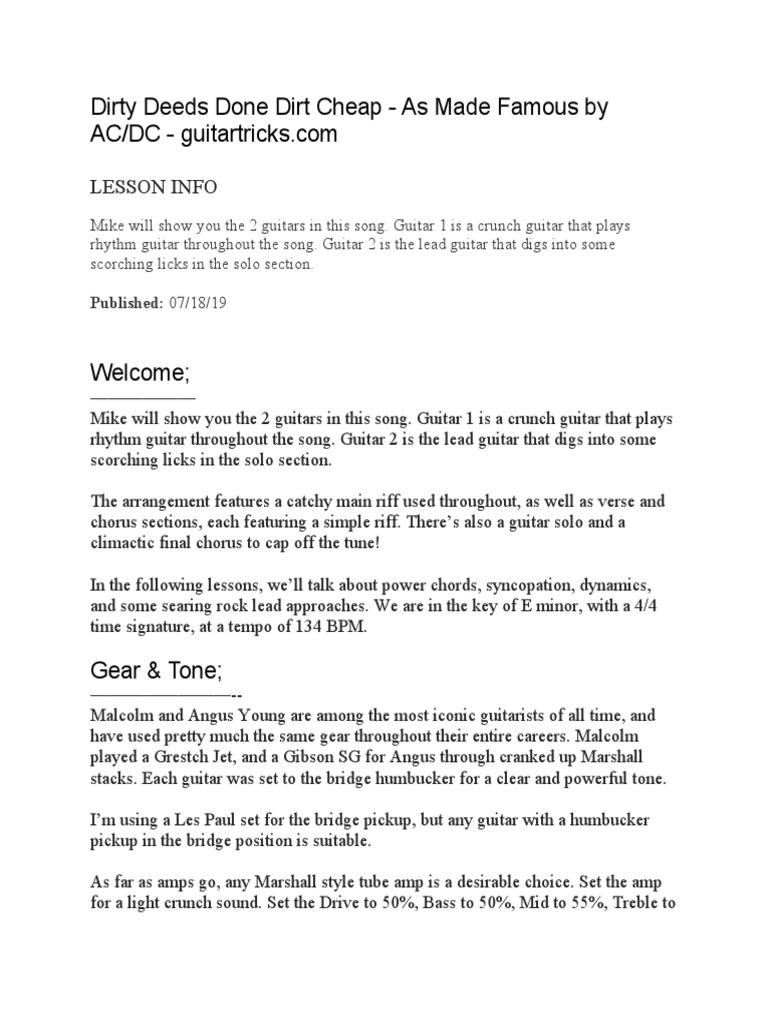 Dirty Deeds Guitar Lesson Guide | PDF | Guitars | Music Theory