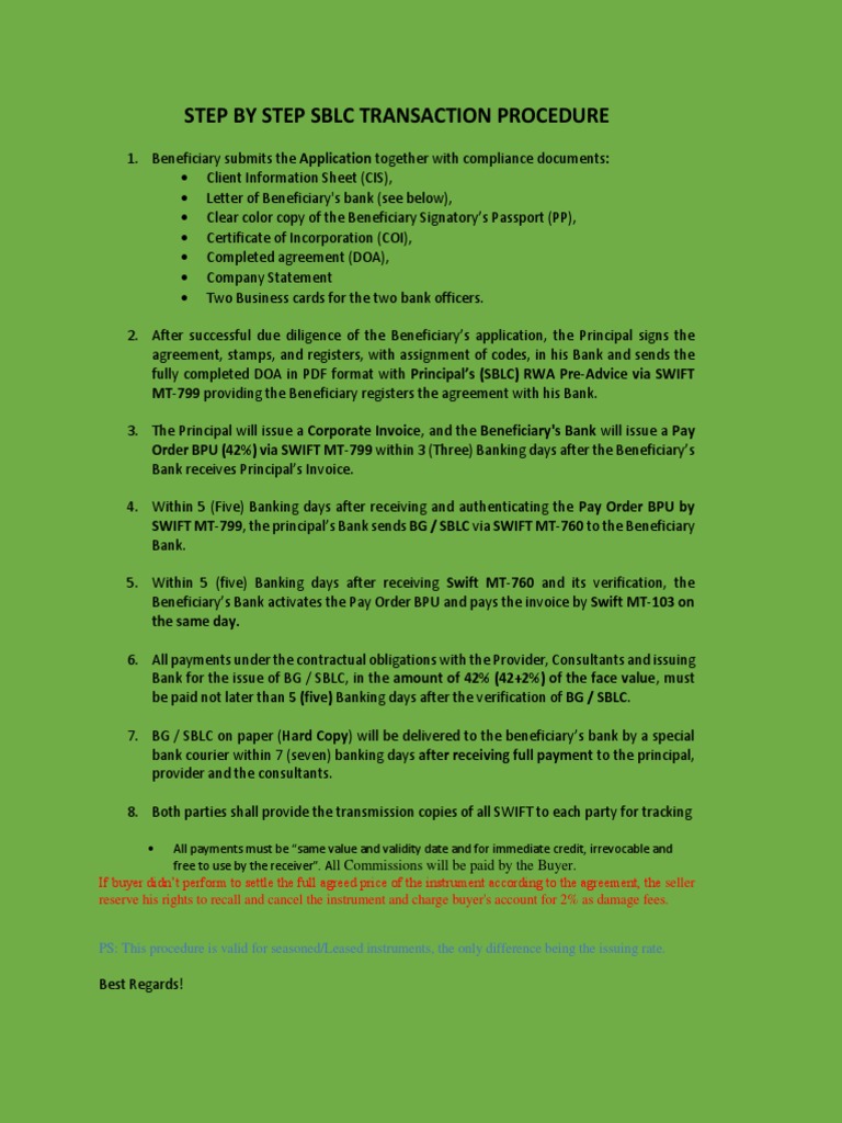 Step-By-Step SBLC Transaction Procedure | PDF | Letter Of Credit | Financial Services
