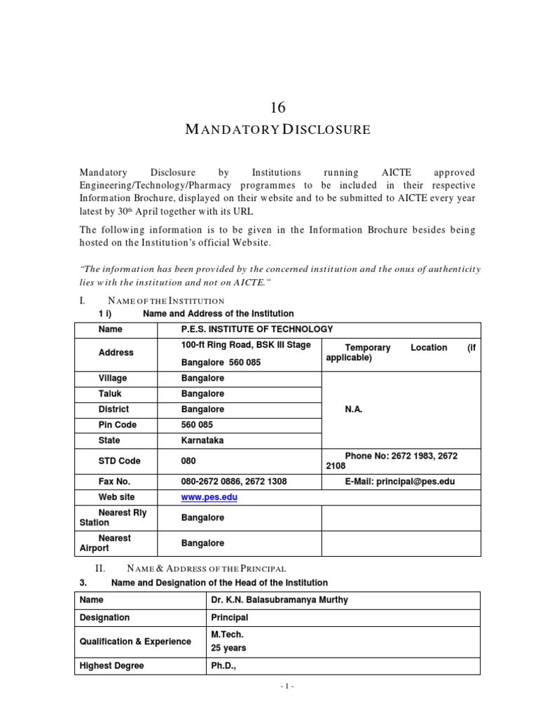 PESIT Mandatory Disclosure | PDF | Bangalore | Engineering