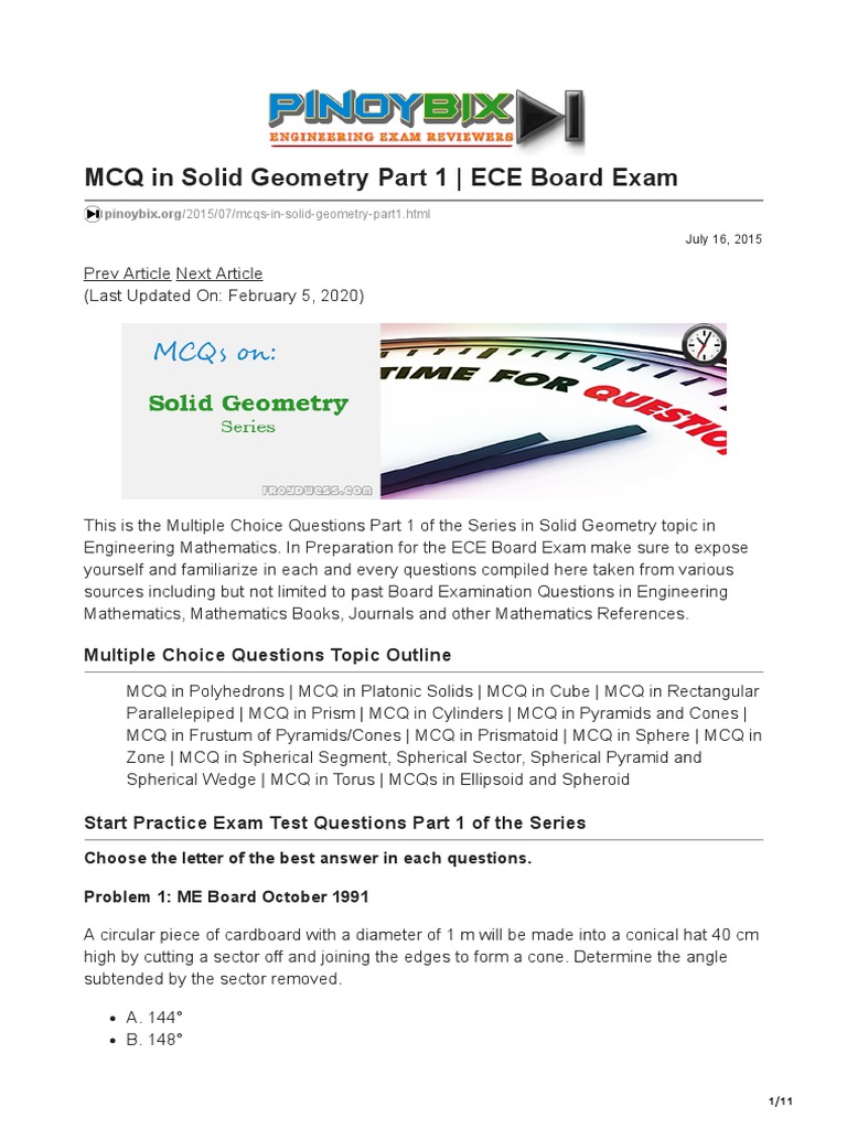MCQs in Solid Geometry for ECE Exam | PDF | Volume | Sphere