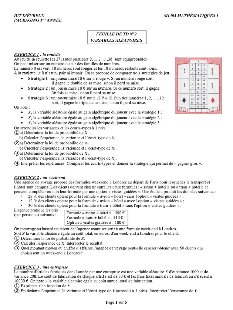 FEUILLE DE TD N°2 Variables Aléatoires | PDF | Espérance mathématique | Probabilité