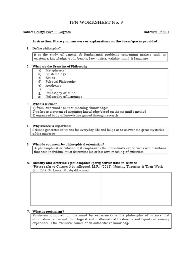 TFN Worksheet No. 3: 1. Define Philosophy? | PDF | Science | Theory