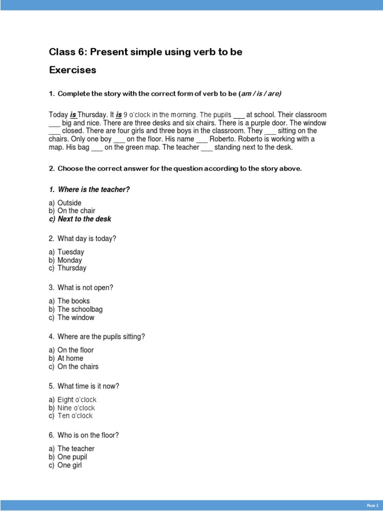 Class 6: Present Simple Using Verb To Be Exercises | PDF | Classroom