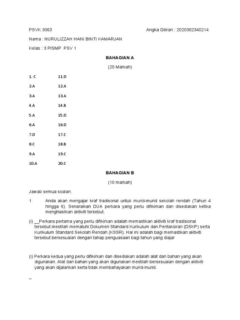 Skrip Jawapan Kuiz - PSVK 3063 | PDF