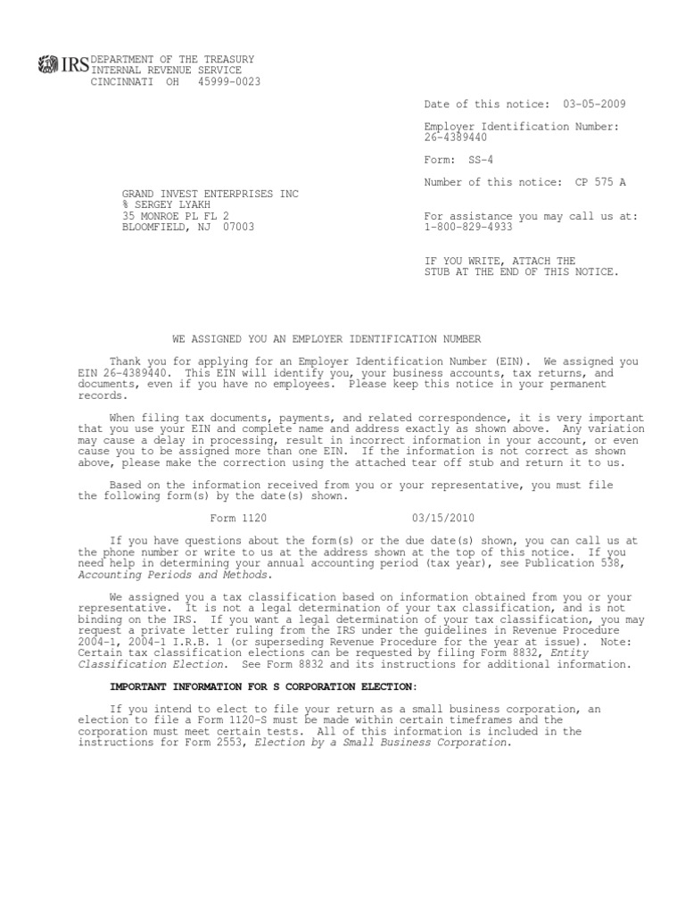 EIN Assignment Notice CP 575 A | PDF | Internal Revenue Service | Irs ...