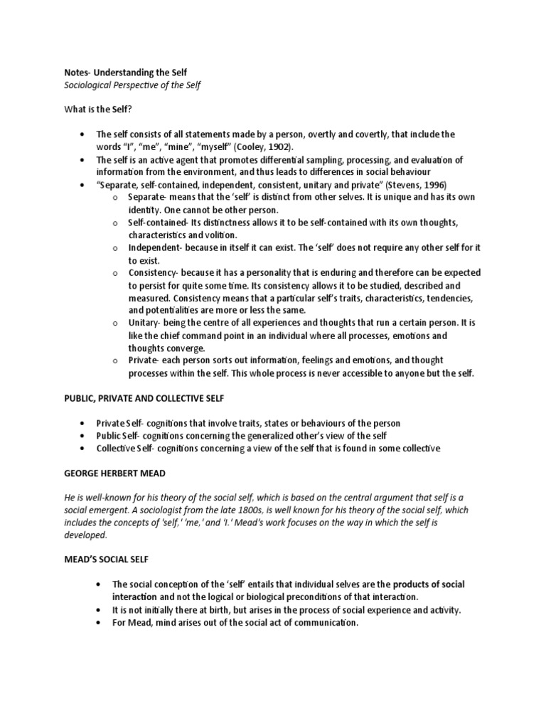 Notes Sociological Perspective of The Self | PDF | Self | Philosophical ...