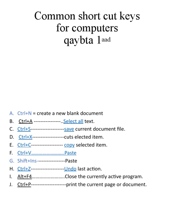 Common Short Cut Keys | PDF | Computers