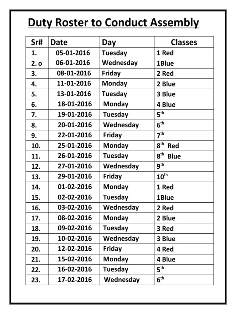 Duty Roster To Conduct Assembly: SR# Date Day Classes | PDF