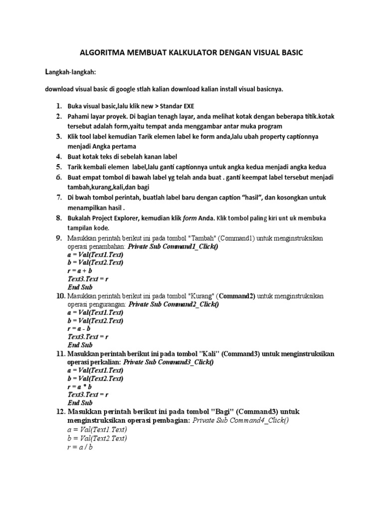 Algoritma Membuat Kalkulator Dengan Visual Basic | PDF Algoritma Membuat Kalkulator Dengan Visual Basic | PDF