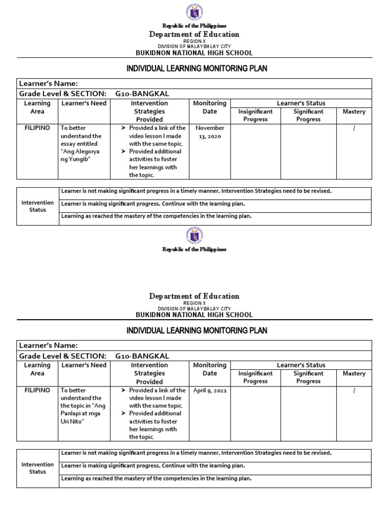 Individual Learning Monitoring Plan | PDF | Learning | Communication