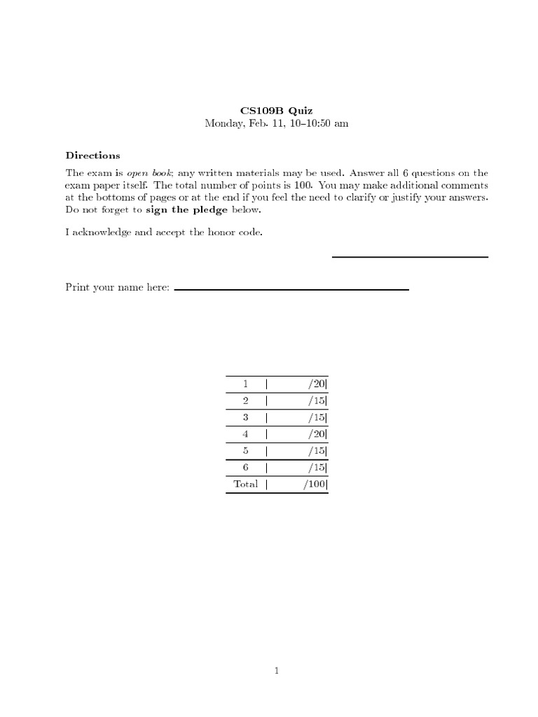 CS109B Quiz Directions Sign The Pledge | PDF | Parsing | Theoretical ...