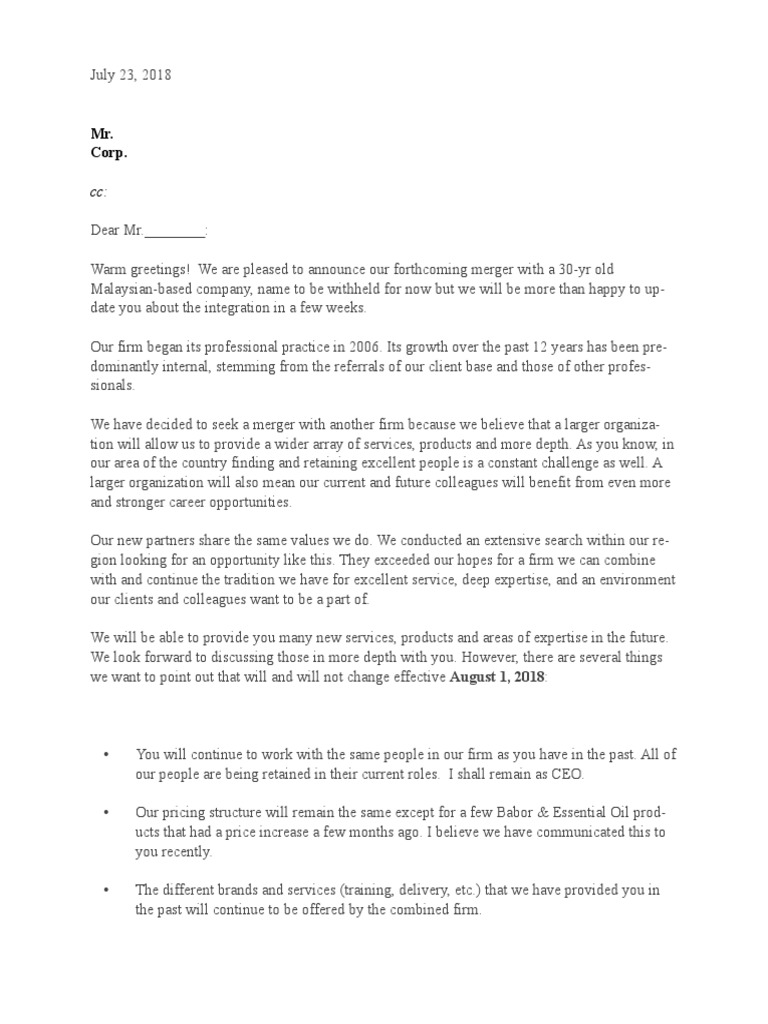Merger Letter | PDF | Business | Communication