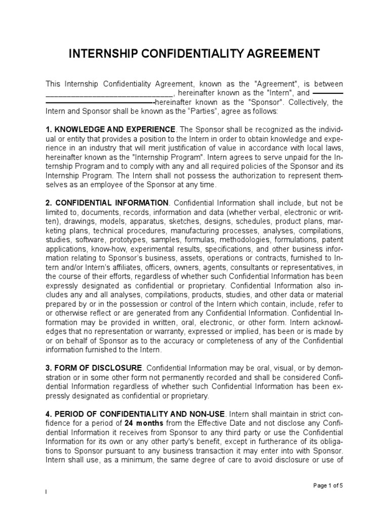 Internship Confidentiality Agreement: Page of 5 1 I | PDF | Legal ...