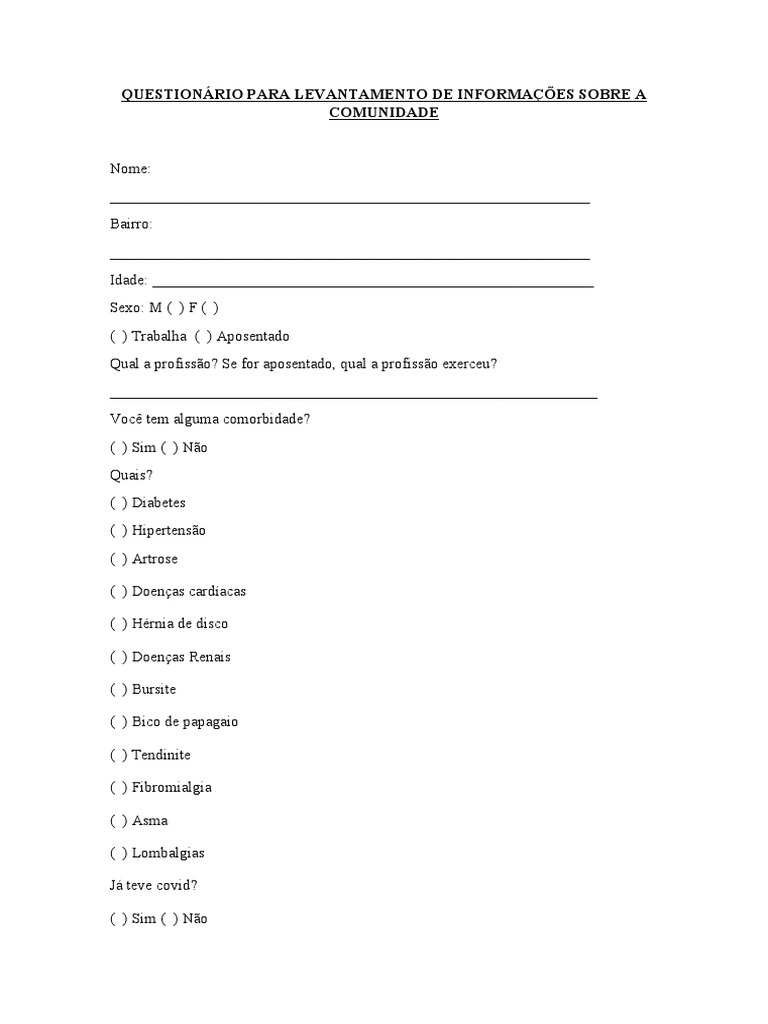 Questionário para Levantamento de Informações Sobre A Comunidade | PDF