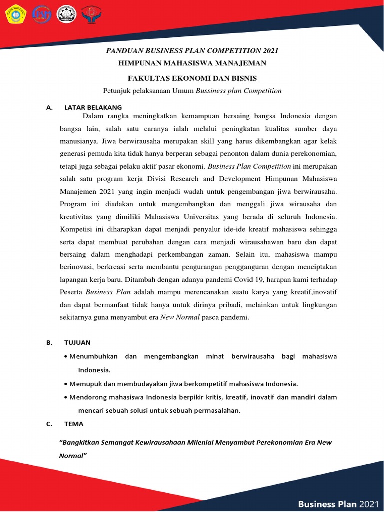 Panduan Business Plan Competition 2021 Himpunan Mahasiswa Manajemen | PDF