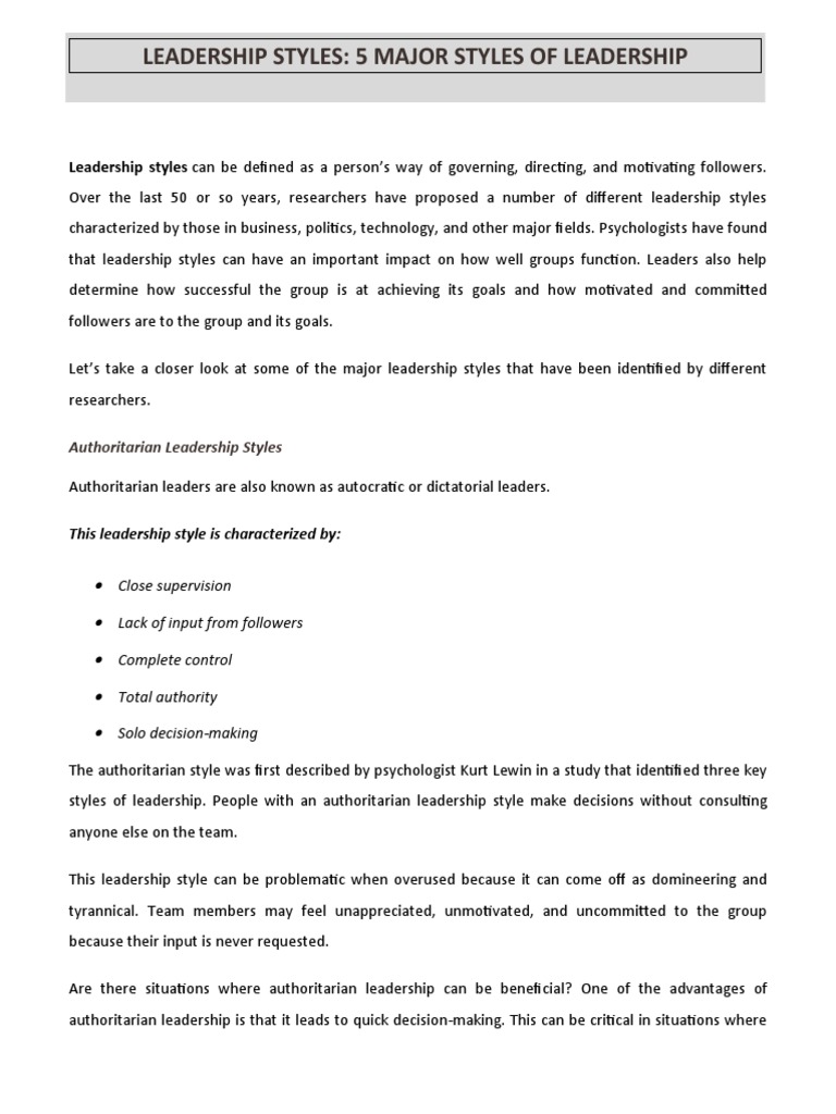 Leadership Styles: 5 Major Styles of Leadership | PDF | Leadership ...