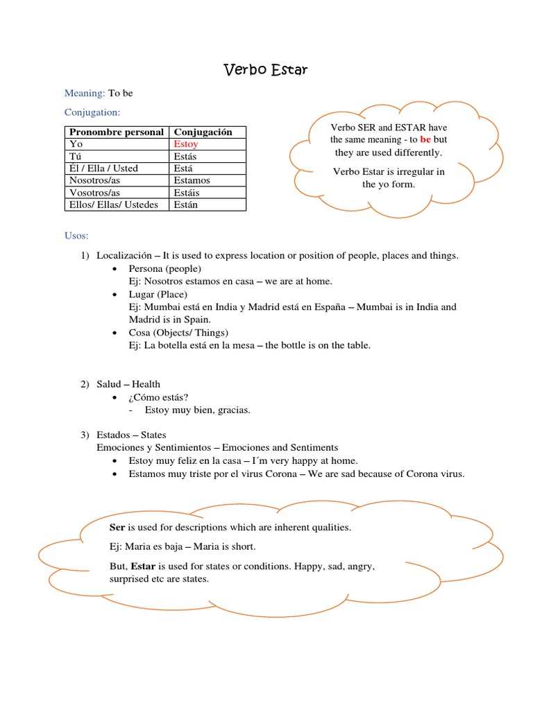 Verbo Estar, Emociones, Preposiciones, y Ejercicios | PDF | Artes del ...