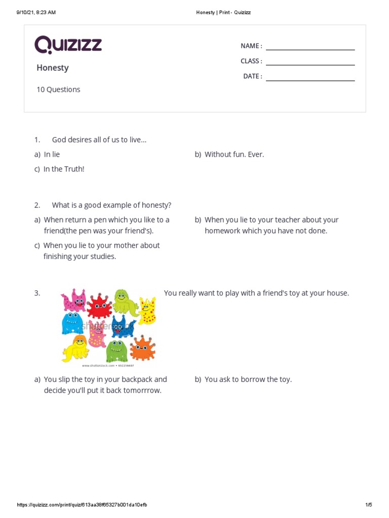September 10 - Honesty Quiz | PDF