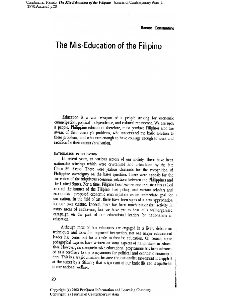 Miseducation of The Filipino by Renato Constantino | PDF