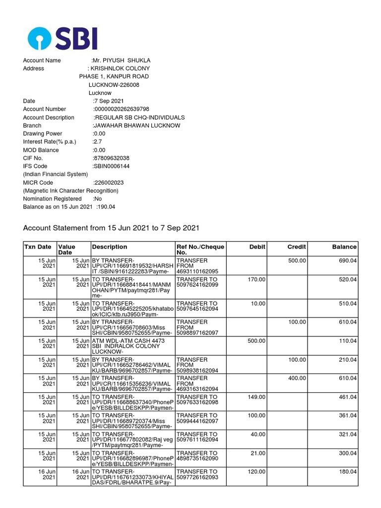 Account Statement From 15 Jun 2021 To 7 Sep 2021: TXN Date Value Date Description Ref No./Cheque ...