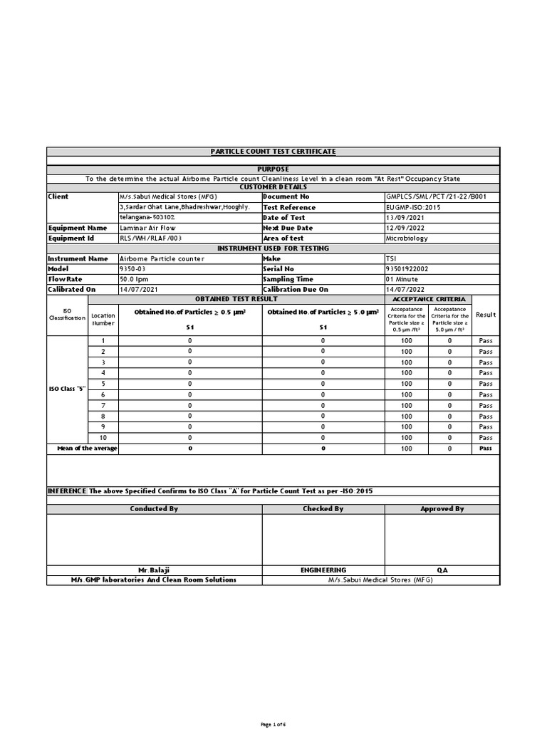 Clean Room Particle Count Test | PDF | Equipment | Metrology