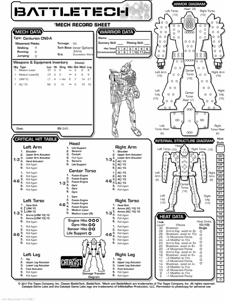 BattleTech Record Sheets CN9-A | PDF