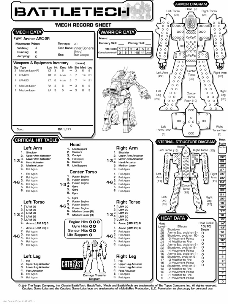 BattleTech Record Sheets ARC-2R | PDF