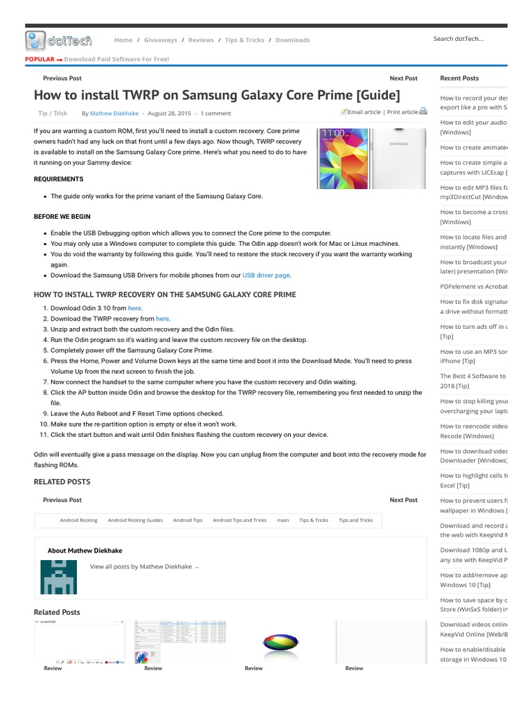 How To Install TWRP On Samsung Galaxy Core Prime (Guide) - Dottech | Download Free PDF | Android ...
