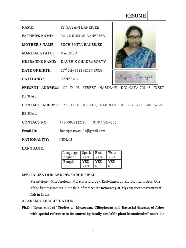 Sayani Banerjee: Academic Resume | PDF | Biology | Organisms