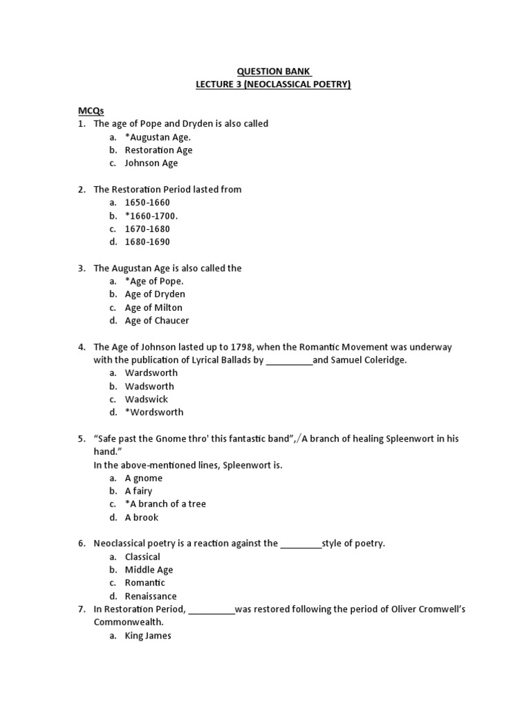 Neoclassical Poetry MCQ Question Bank | PDF | Poetry | Romanticism