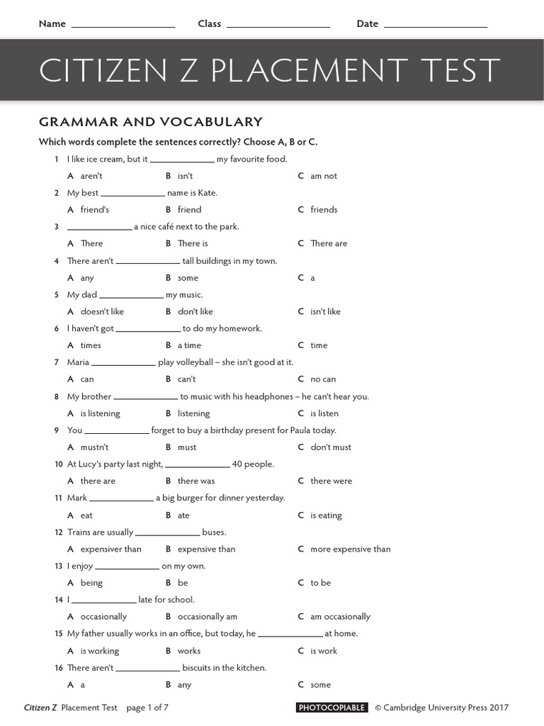 Citizen Z Placement Test: Grammar and Vocabulary | PDF