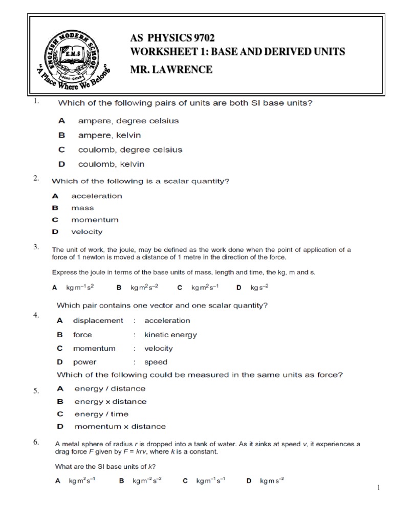 Base and Derived Units in Physics: Worksheet on Determining the ...