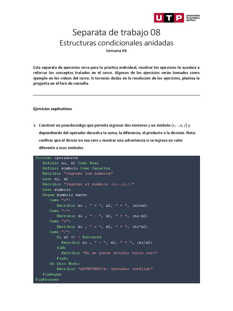 Separata08 - Estructuras Condicionales Anidadas | PDF