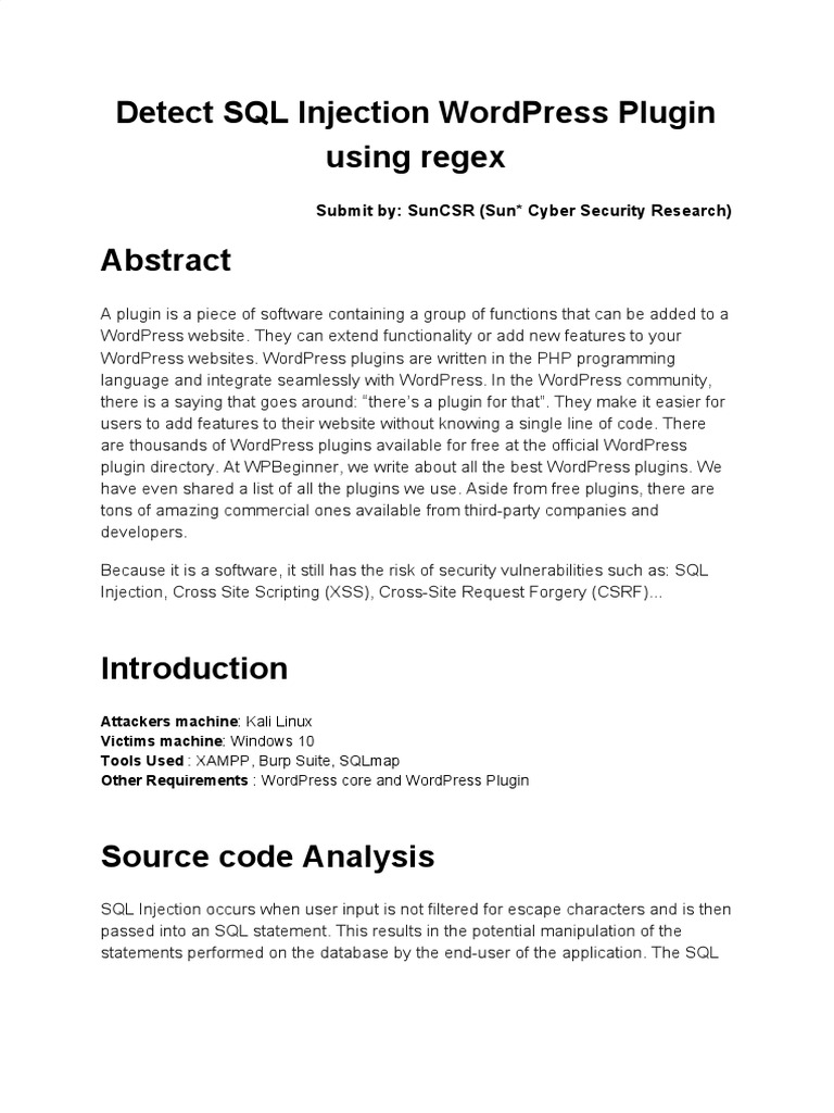 Detect SQL Injection Wordpress Plugin Using Regex: Submit By: Suncsr (Sun Cyber Security ...