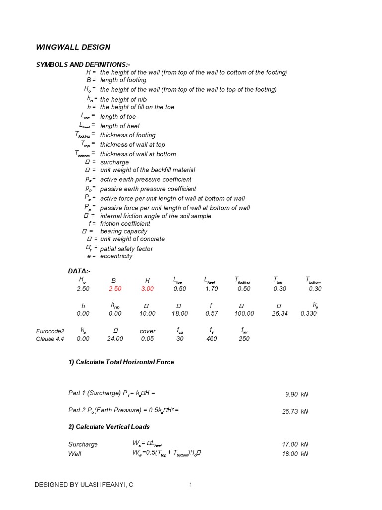 Wingwall Design: Symbols and Definitions | PDF | Continuum Mechanics | Mechanics