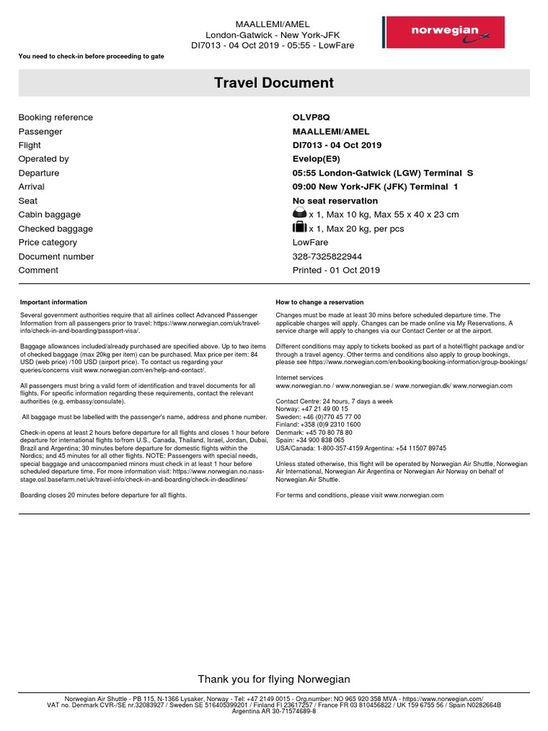 Norwegian Air Travel Document Details | PDF | John F. Kennedy ...
