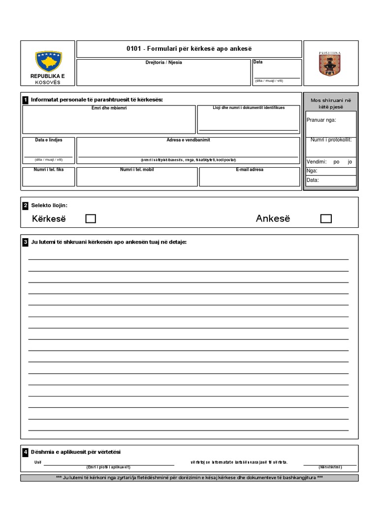 Formulari Per Kerkese Apo Ankese Ne Komune | PDF