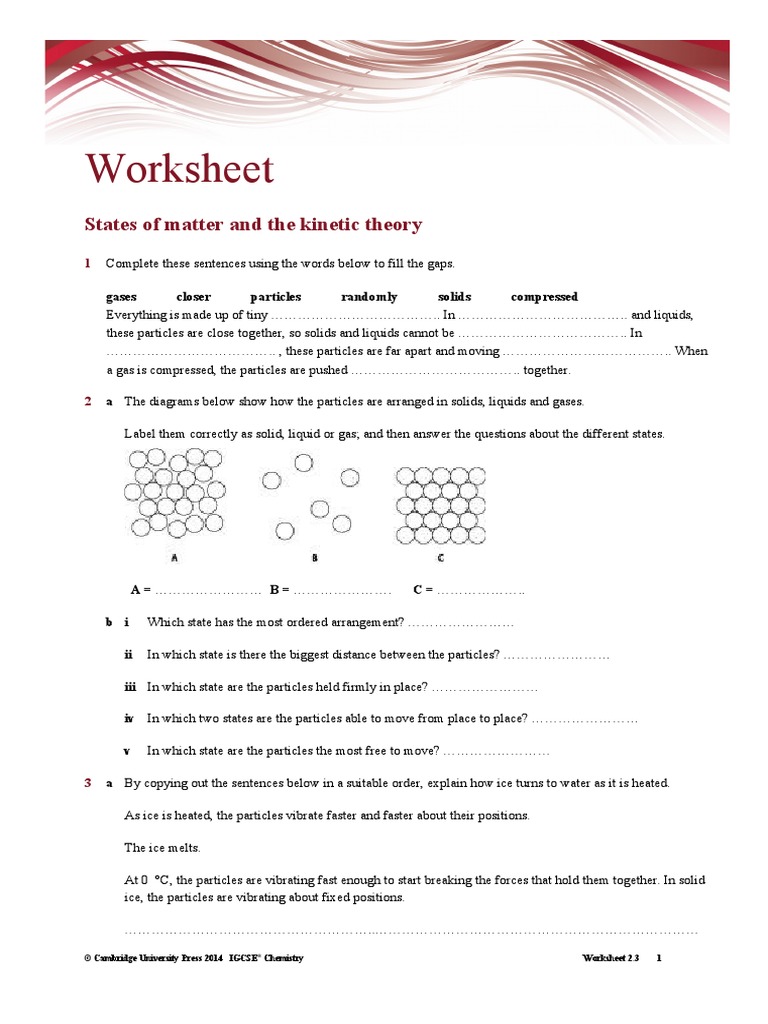 Worksheet: States of Matter and The Kinetic Theory | PDF | Gases | Liquids