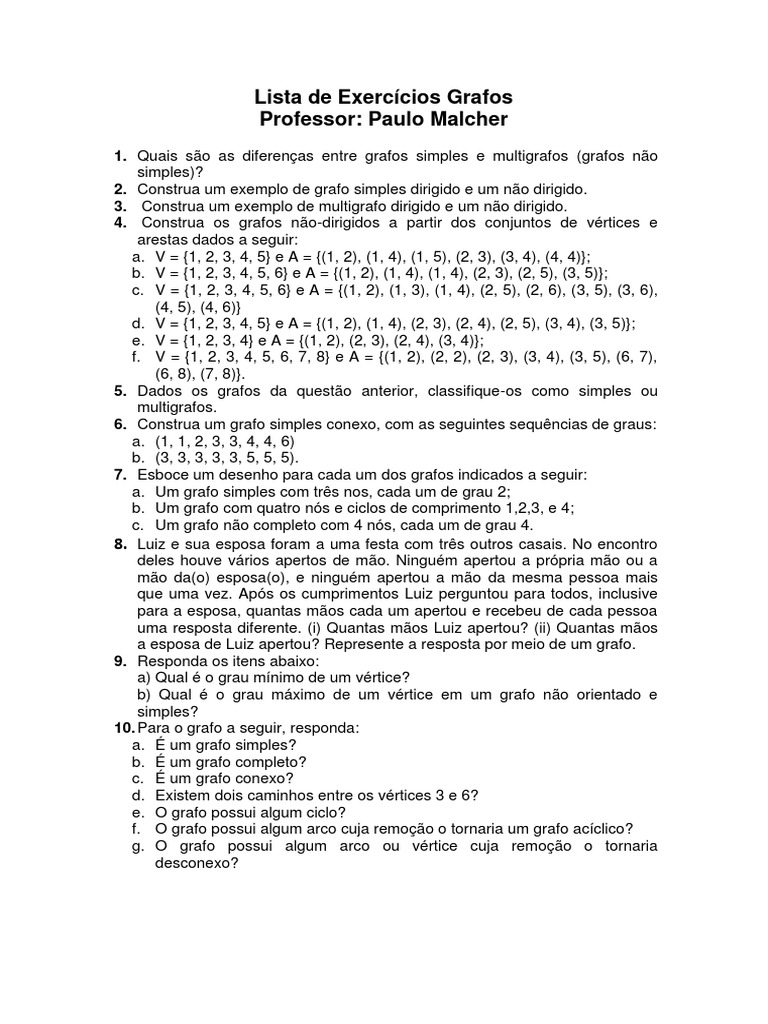 Lista de Exercícios de Grafos | PDF | Teoria dos Gráficos | Vértice (teoria dos gráficos)