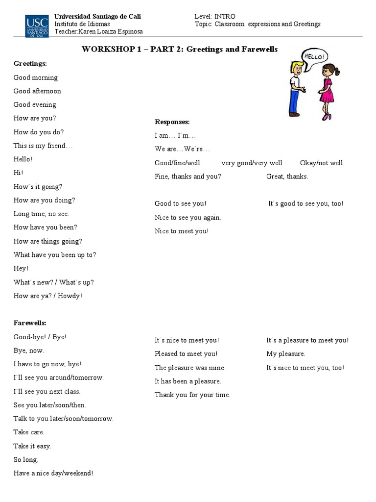 Classroom Greetings and Farewells Guide | PDF | Human Communication ...
