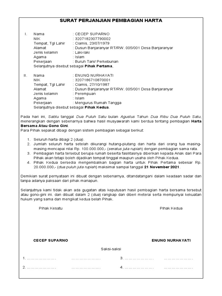 Surat Perjanjian Pembagian Harta | PDF