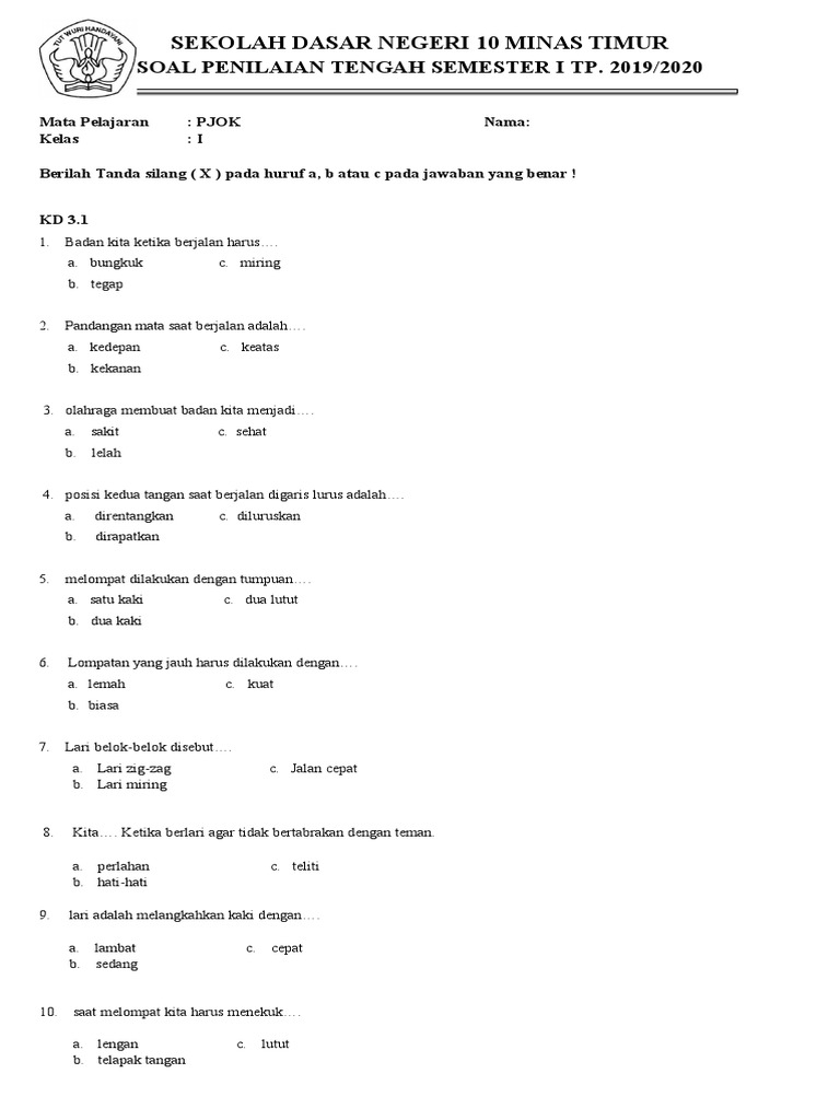 Soal PTS PJOK Kls 1 | PDF