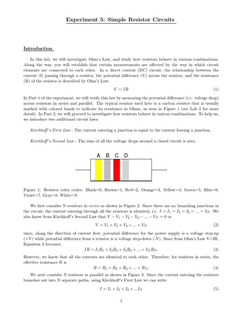 Experiment 5: Simple Resistor Circuits: A B C D | PDF | Electrical ...