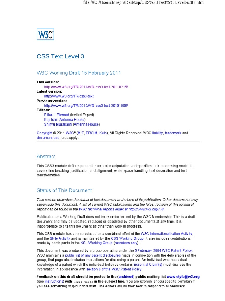 CSS Text Level 3: W3C Working Draft 15 February 2011 | Download Free PDF | Cascading Style ...