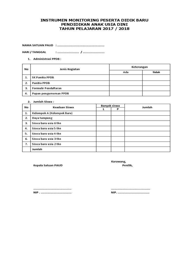 Instrumen Monitoring PPDB PAUD | PDF