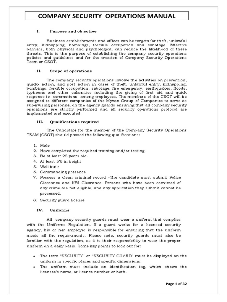 Company Security Operations Manual | PDF | Security Guard | Emergency
