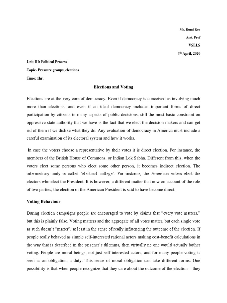 Elections and Voting, Pressure Groups | PDF | Two Round System | Voting