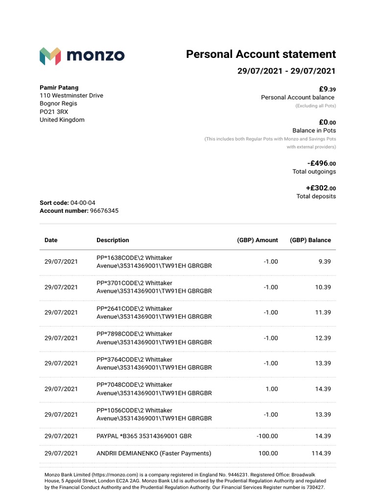 Personal Account Statement: Amir Atang | PDF | Services (Economics) | Money