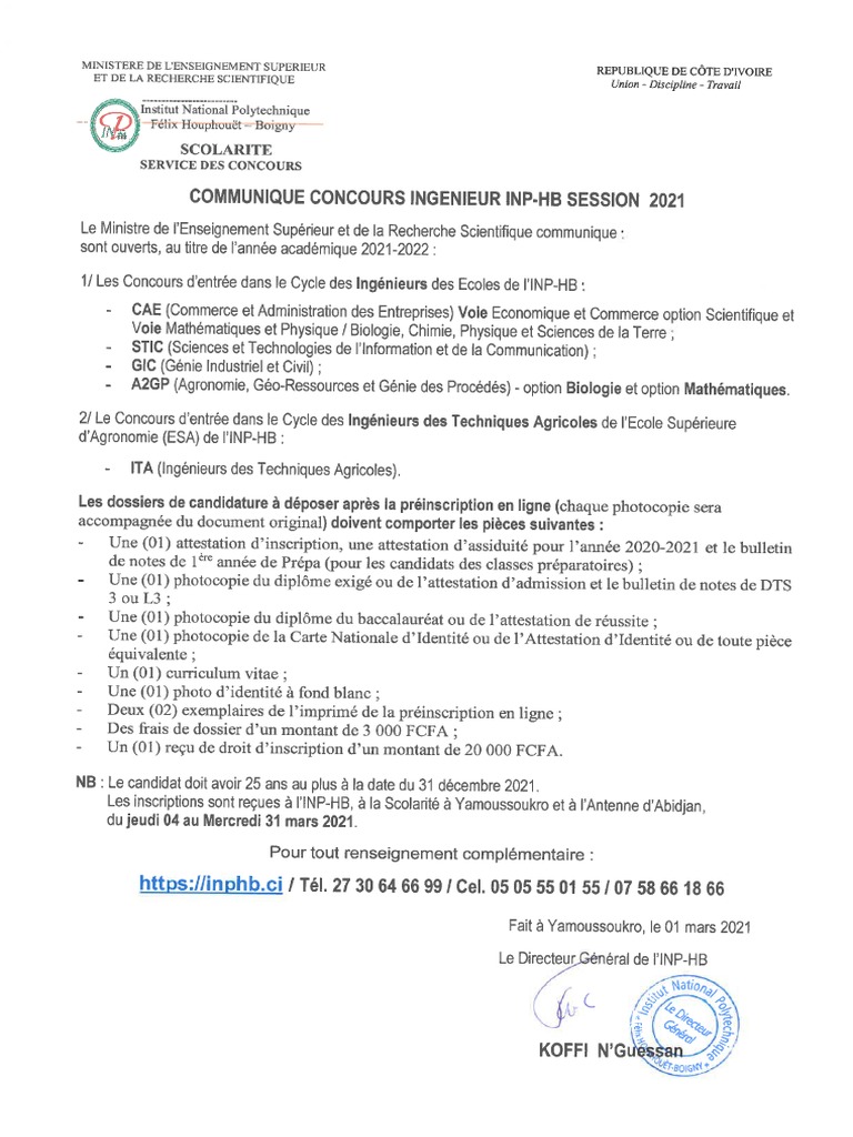 1-Communique - Concours - Ingenieur 2021 | PDF