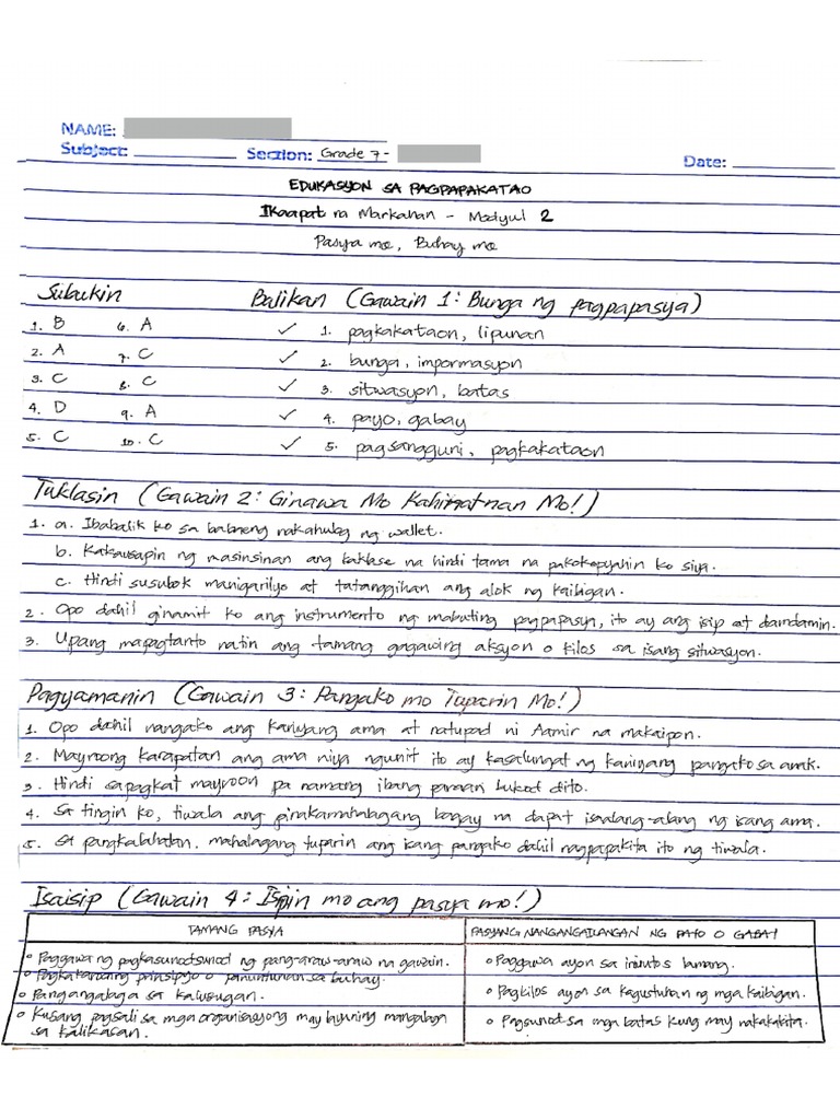 Grade 7 ESP Q4-M2 Answers | PDF
